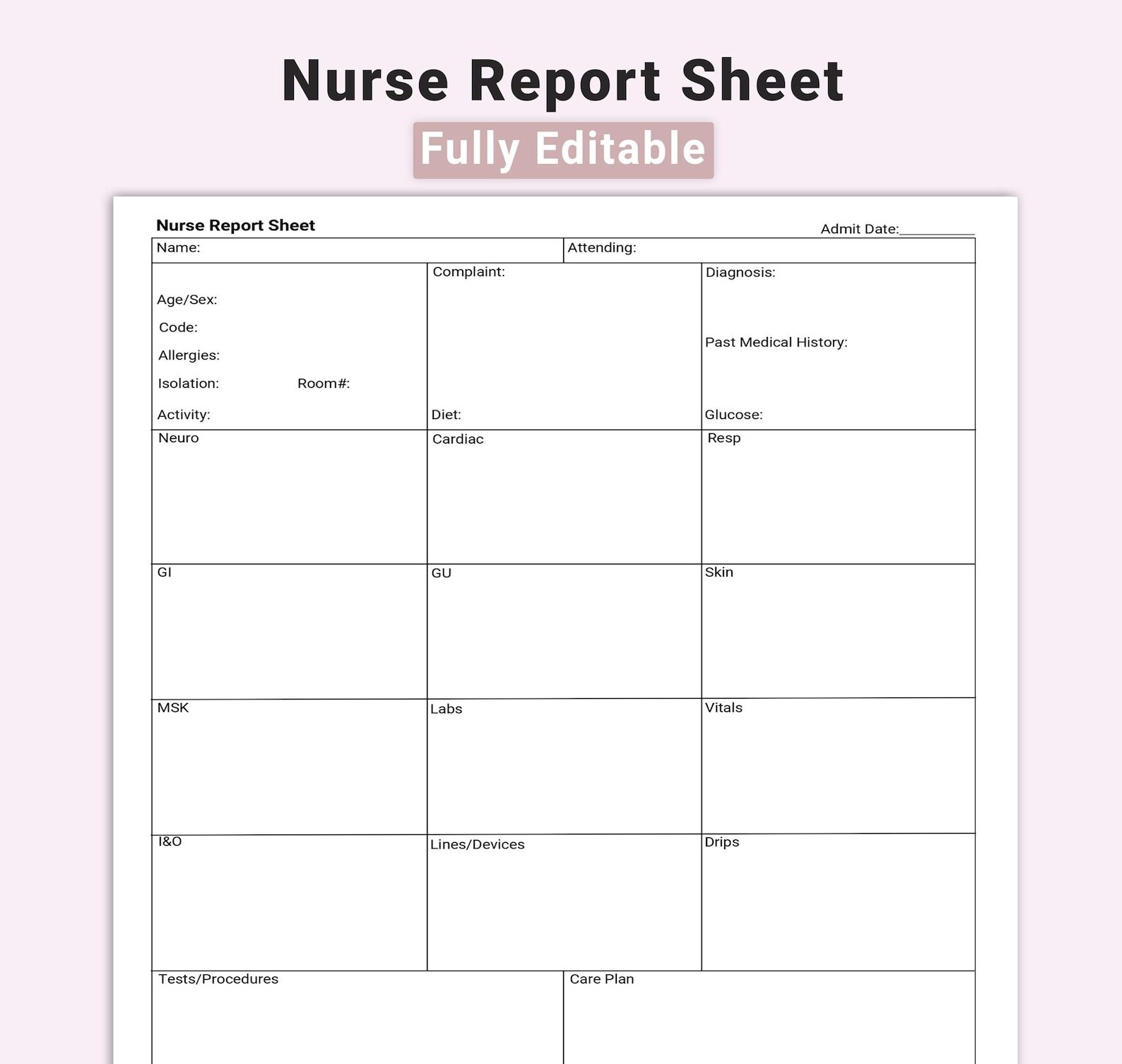 Nurse Brain Sheet Editable | Oncology Nurse Report Sheet for Patient ...