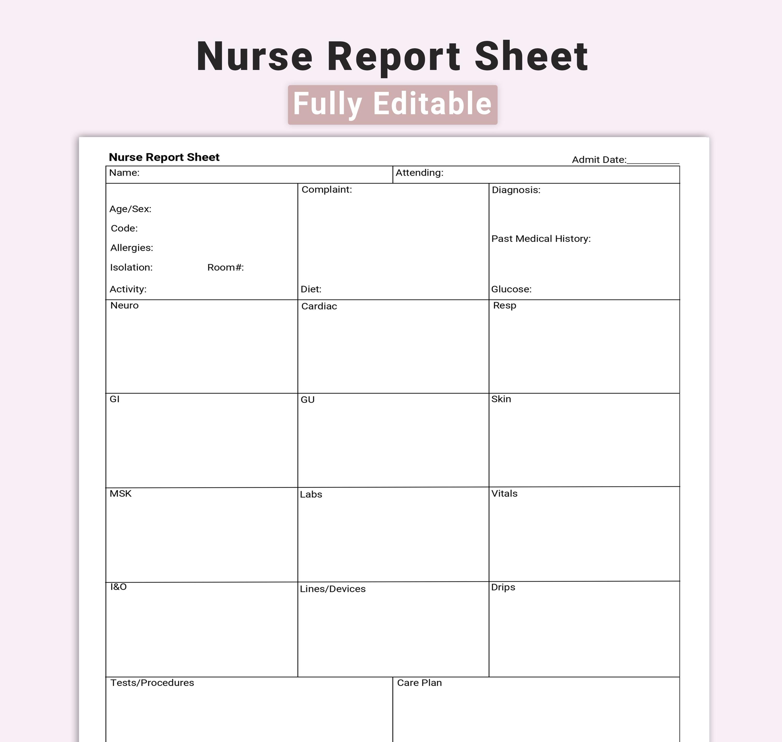 Nurse Brain Sheet Editable | Oncology Nurse Report Sheet for Patient ...