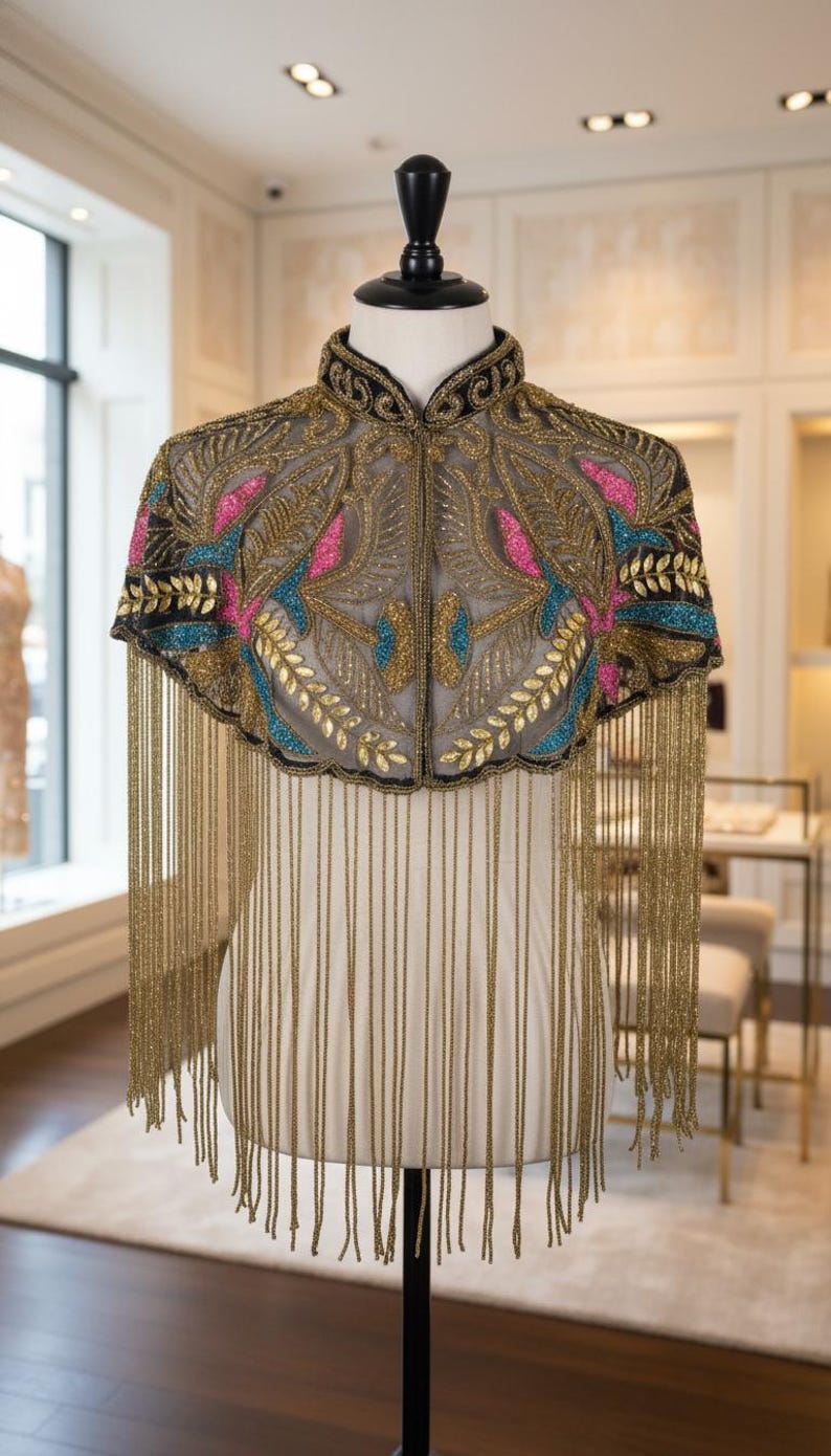 Luxury Women’s Black & Gold Beaded Fringe Cape / Capelet – Jewel-tone ...