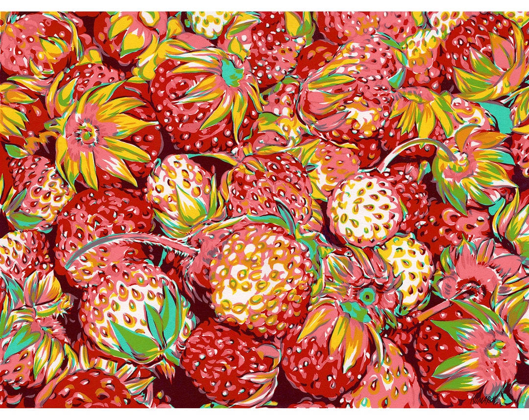 Strawberry Painting Kitchen Original Art Red Fruit Wall Art Berry ...