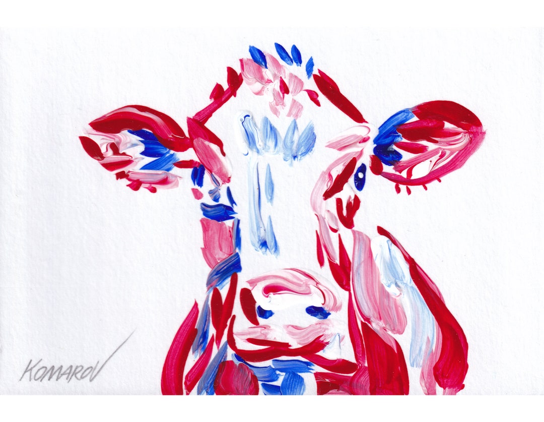 Cow Head Painting Animal Original Art Red Blue Wall Art Colorful ...
