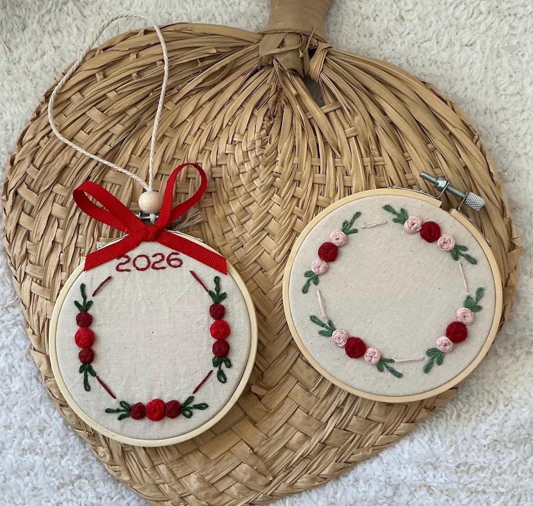 Hand Embroidered Photo Frame Ornament, Floral Wreath, Personalized ...
