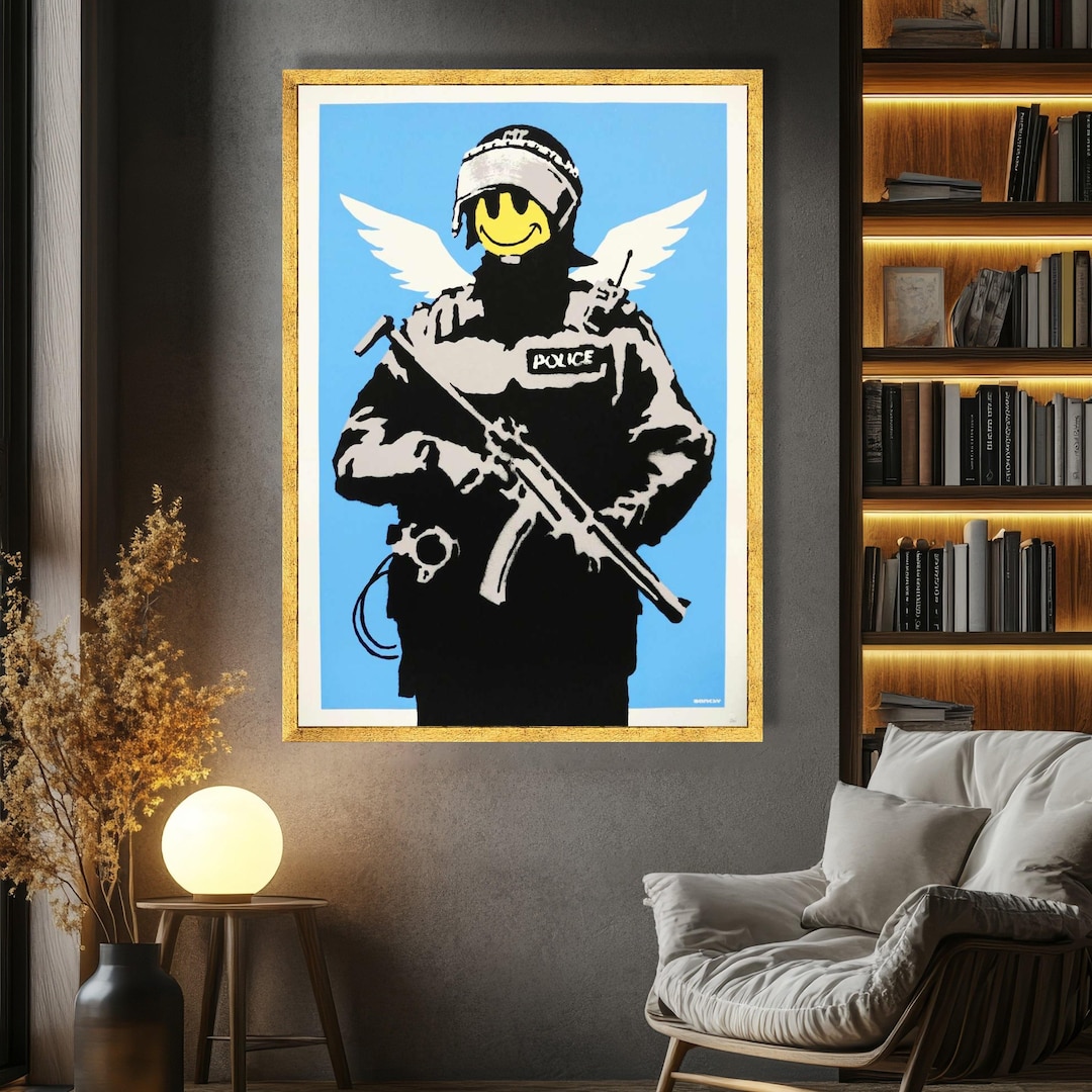 Banksy Smiling Police Officer With Angel Wings Canvas, Urban Wall Art ...