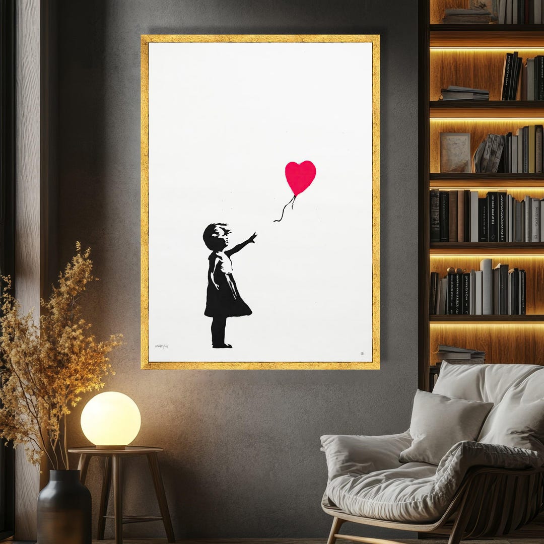 Girl Reaching for Red Heart Balloon, Minimalist Canvas Wall Art ...