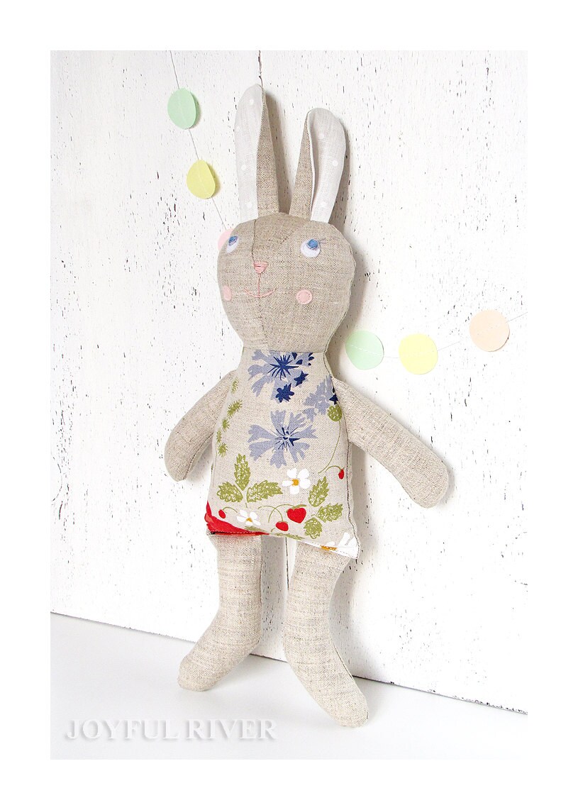 Linen Bunny doll Stuffed Bunny with flower and strawberry | Etsy