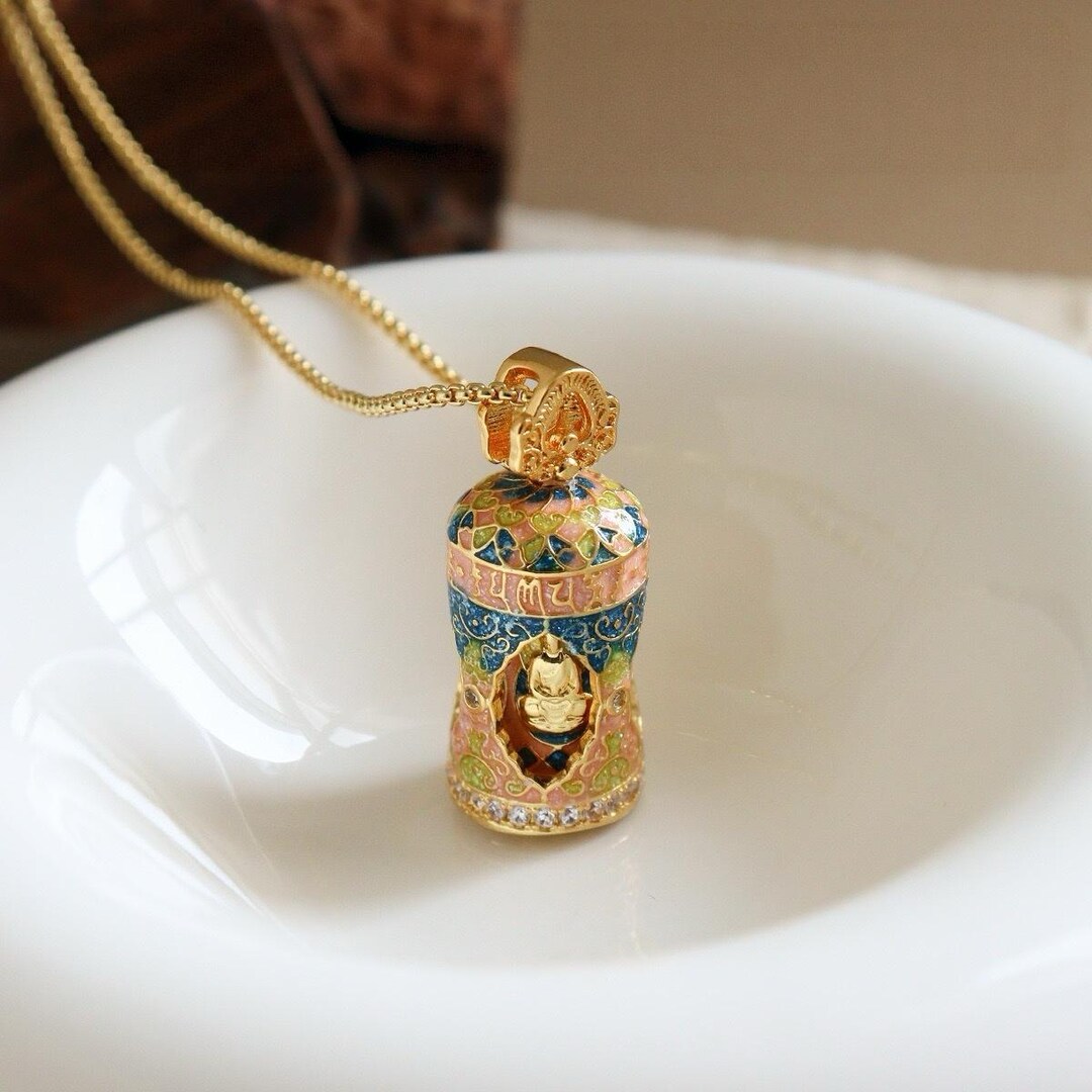 Tibetan Buddhist Enamel Prayer Wheel Necklace | Four-sided Buddha ...