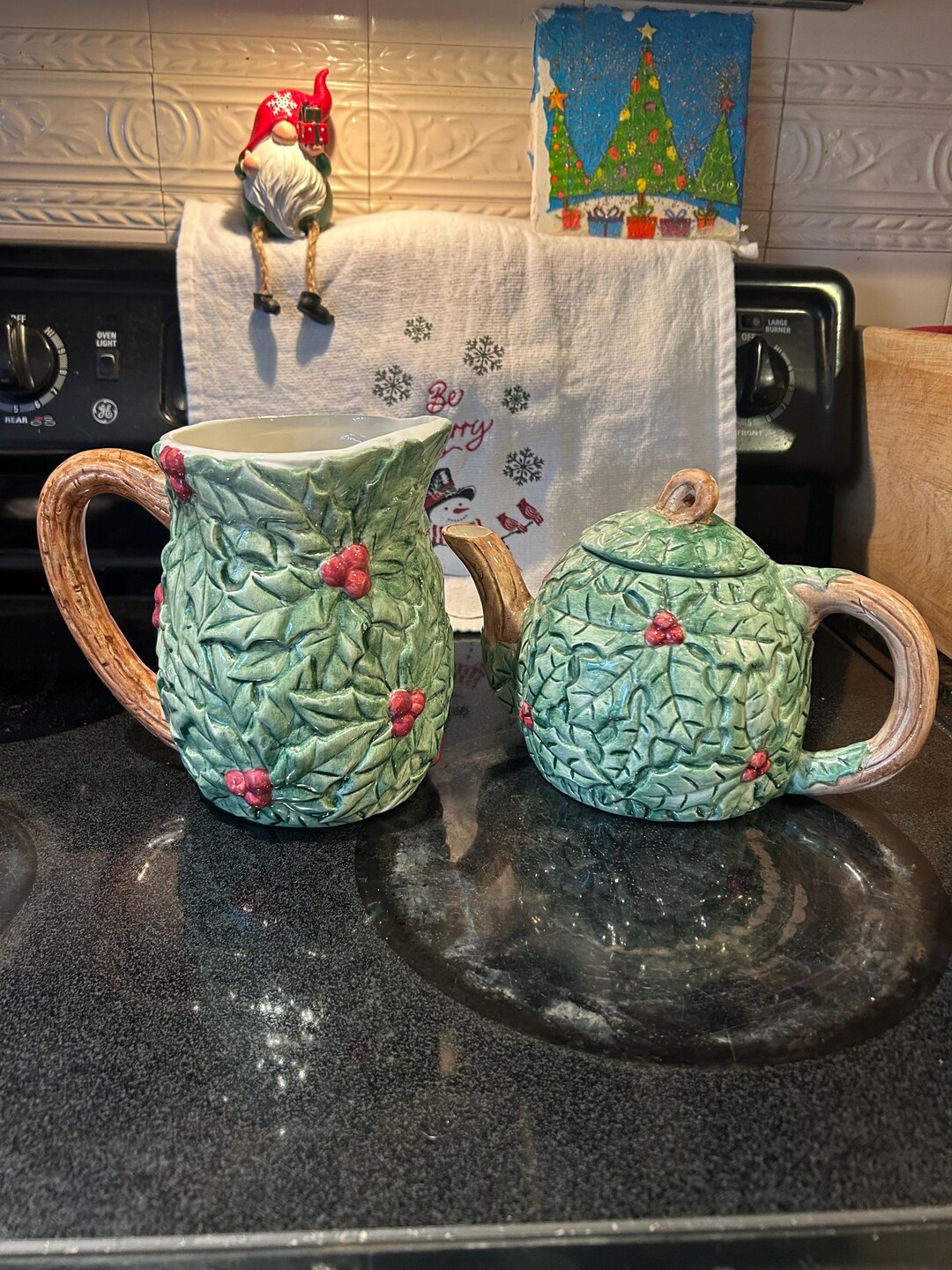 Vintage Nantucket Christmas Embossed Holly Berries Teapot and Pitcher ...