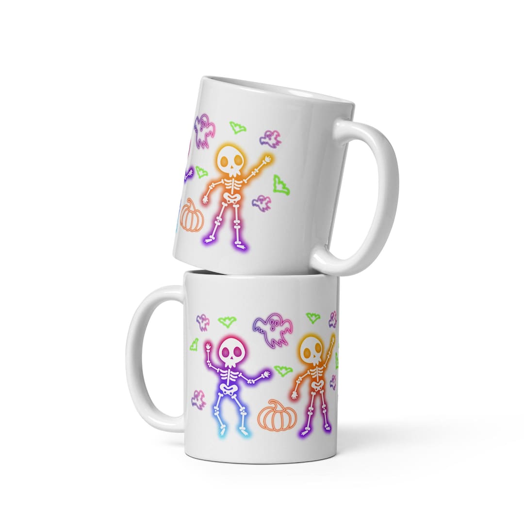 Neon Skeleton Dance Mug | Halloween Coffee Cup | Colorful Spooky Season ...