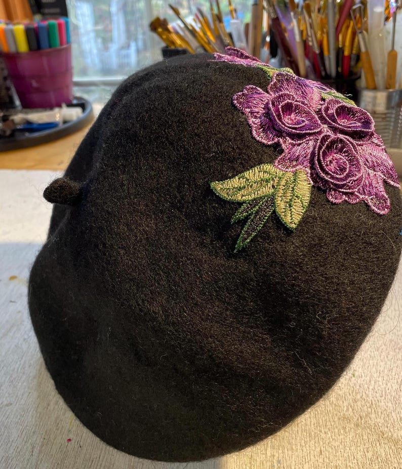 Black With Purple Appliqué Beret - Etsy