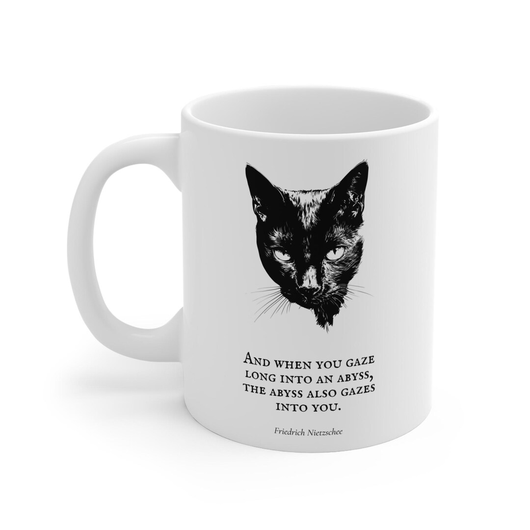 Black Cat Portrait Mug | Nietzsche Quote Gaze Long Into an Abyss Gothic ...