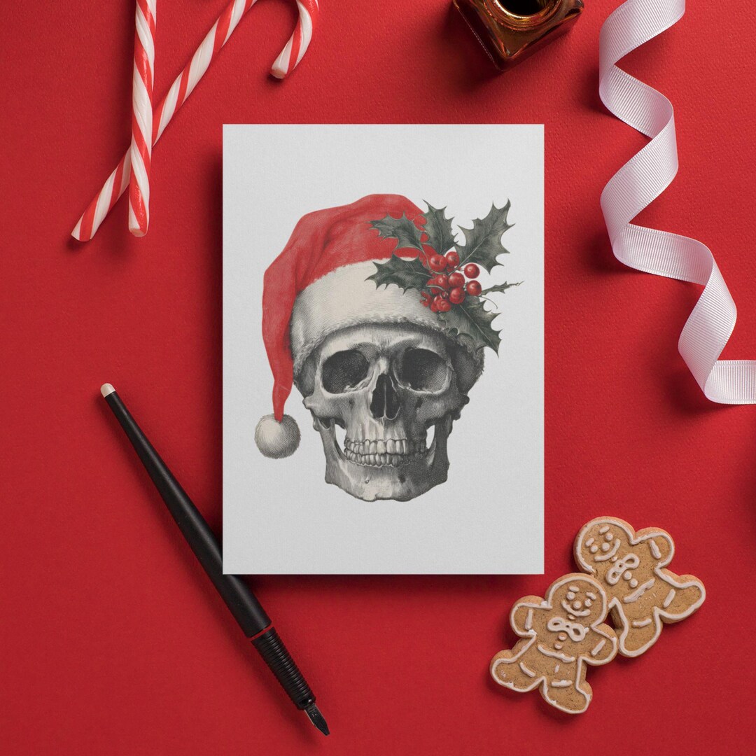 Printable Gothic Christmas Card | Skull Santa Hat Holly | DIY Gothmas ...