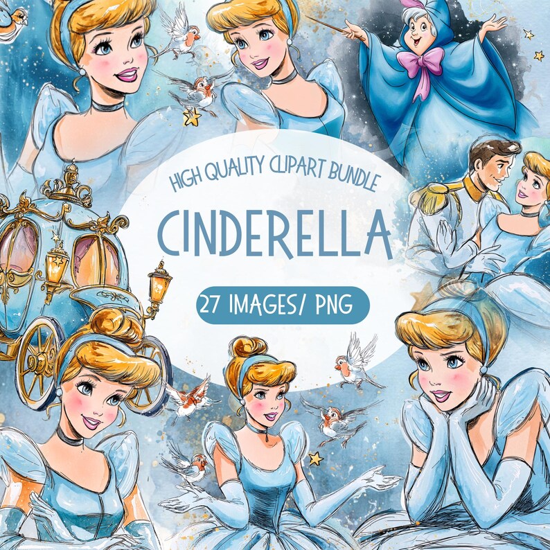 Watercolor Cinderella Png Bundle Handmade Disney Princess Pod ...