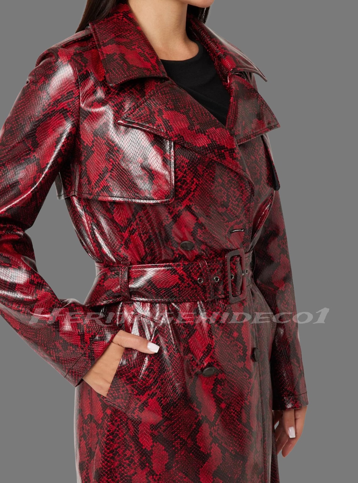 Women’s Red Python Leather Trench Coat – Belted Snake Print Long Jacket ...