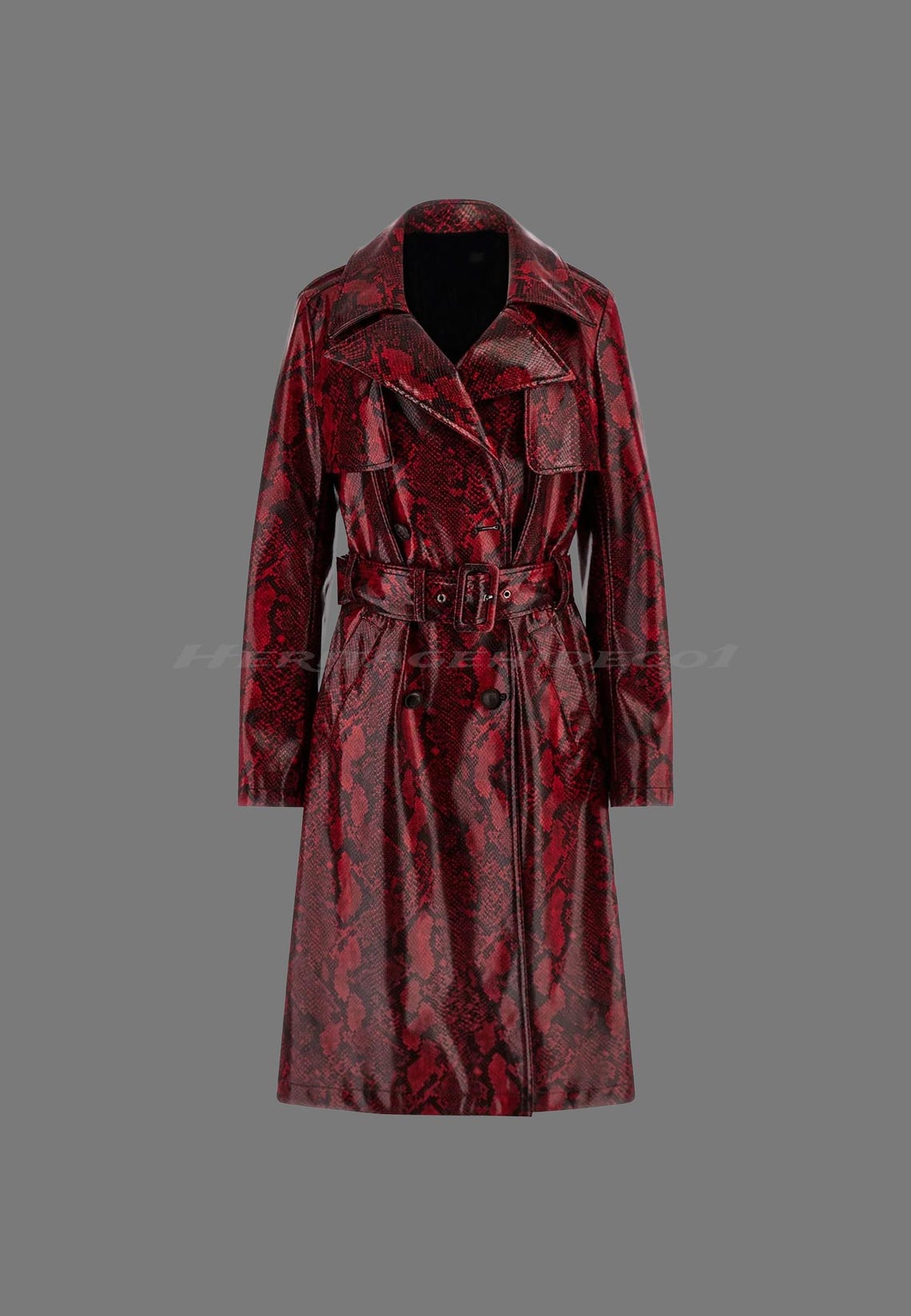 Women’s Red Python Leather Trench Coat – Belted Snake Print Long Jacket ...