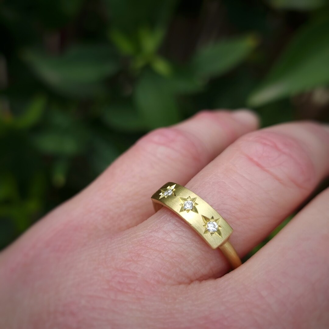18K Gold Diamond Bar Ring Star Diamond Ring 3 Stone Ring Gold Rectangle ...