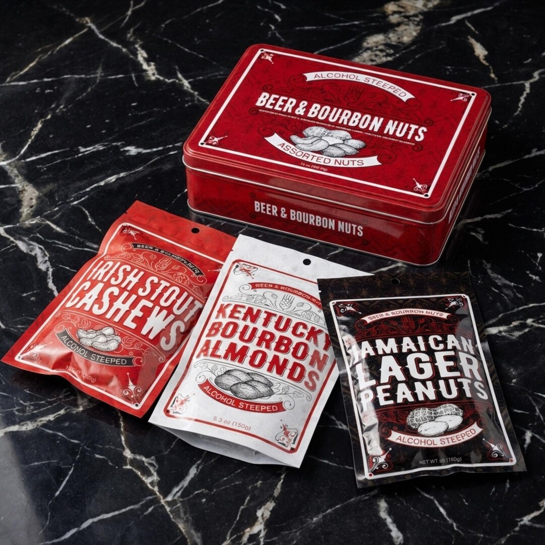 Liquor Nut Gift Red Tin - Beer and Bourbon Nuts - Flavored Cashews ...