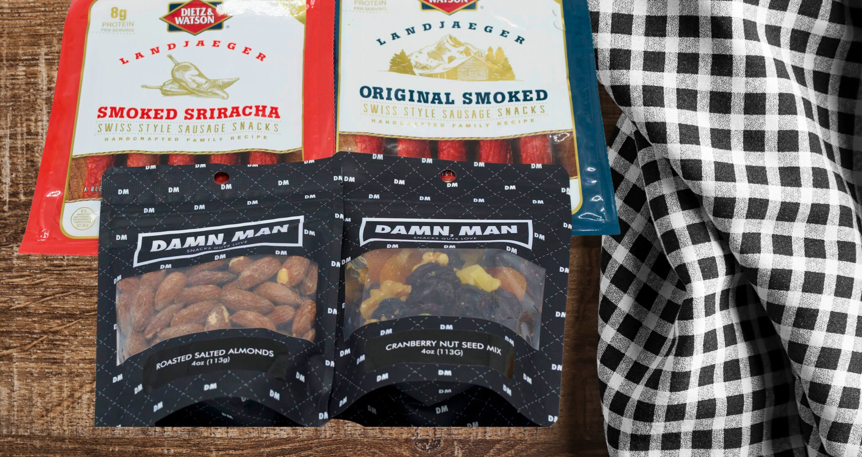 Damn, Man Trail Mix, Almonds, and Meat Bag Sriracha and Smoked Sausage ...