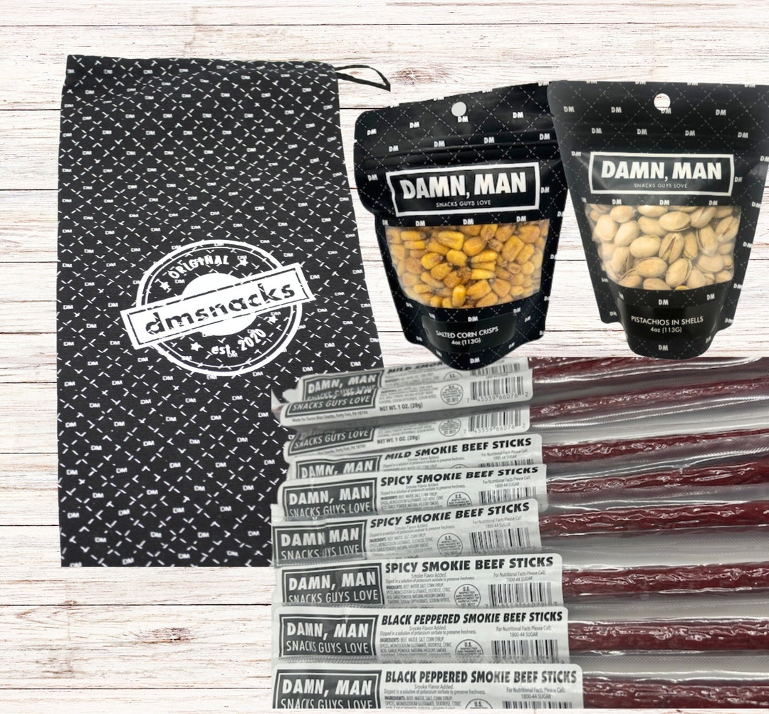 Damn, Man Salty Snack Bag - Nuts and Beef Jerky Sticks - 12 Gourmet ...