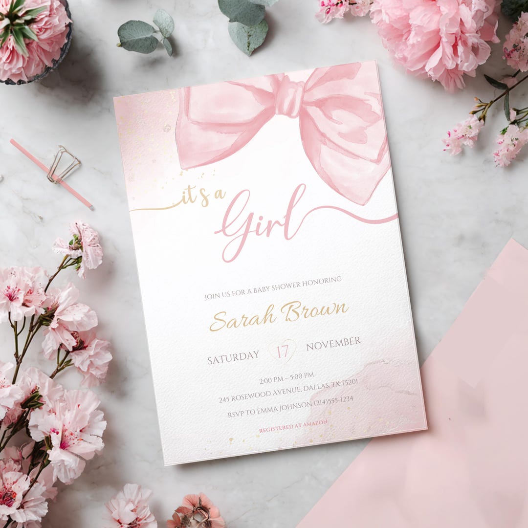 Pink Baby Shower Invitation: It's a Girl, Editable Canva Template ...