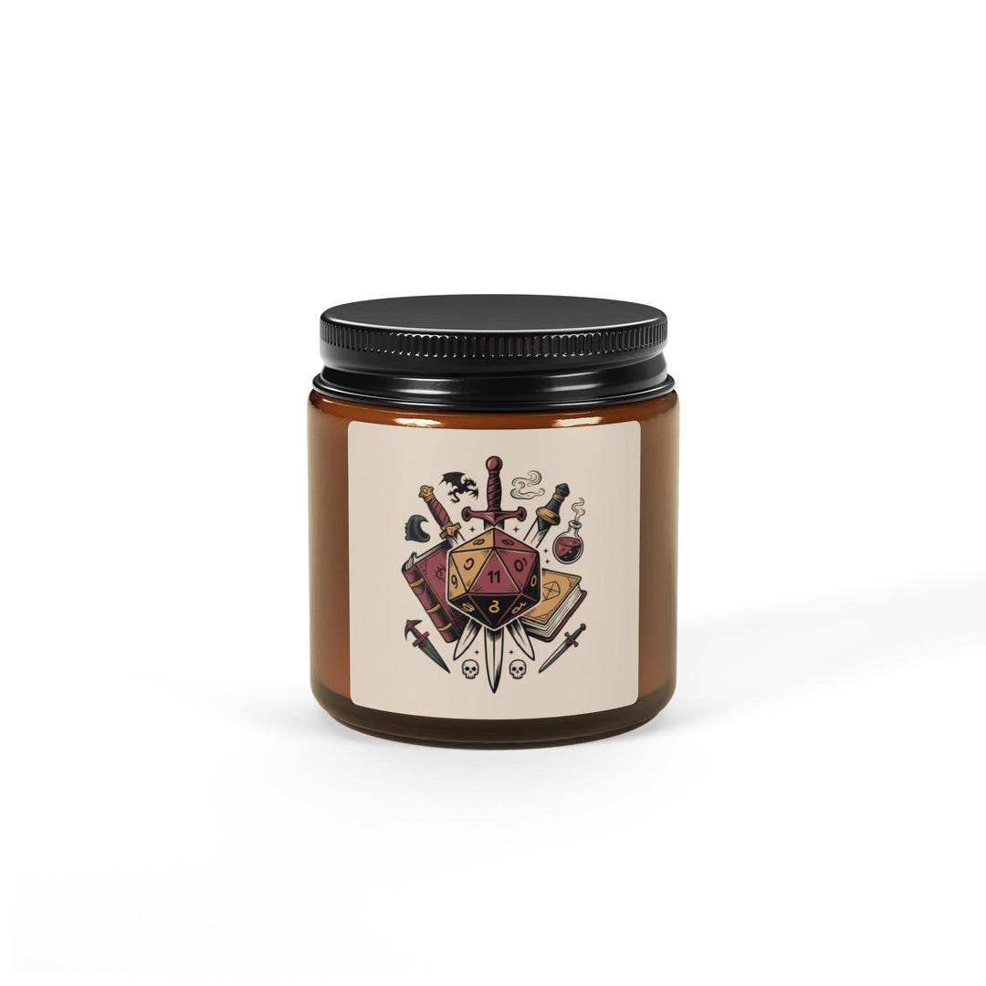 Dice and Daggers Illustration Candle | Scented Soy Amber Jar - Etsy