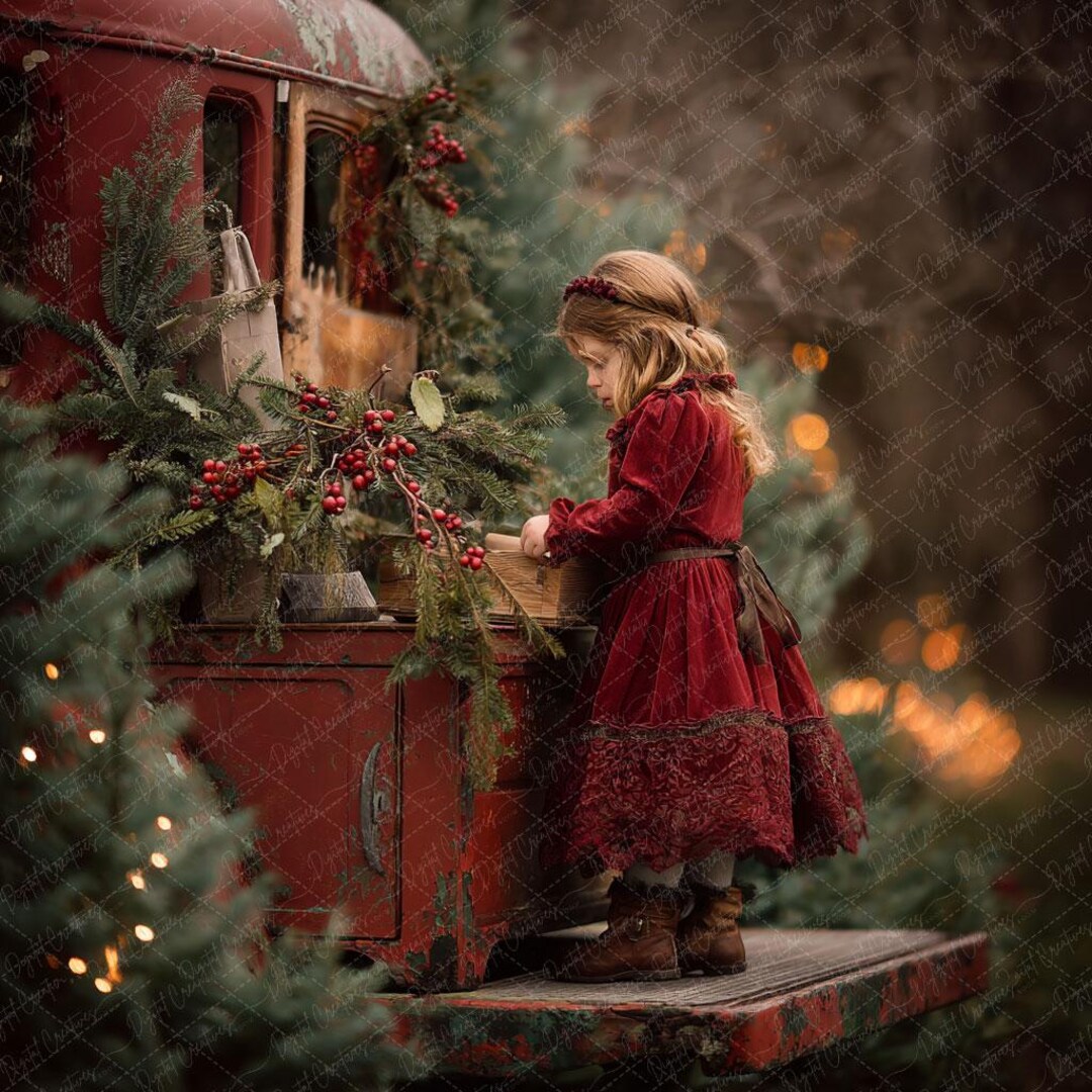 Christmas Scene Digital Backdrop, Red Truck Holiday Background, Child ...