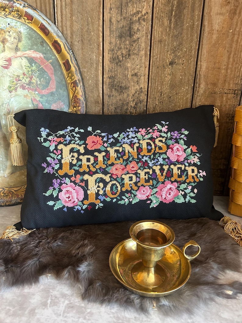 Vintage Cross Stitch Pillow – "friends Forever" Floral Black Satin ...
