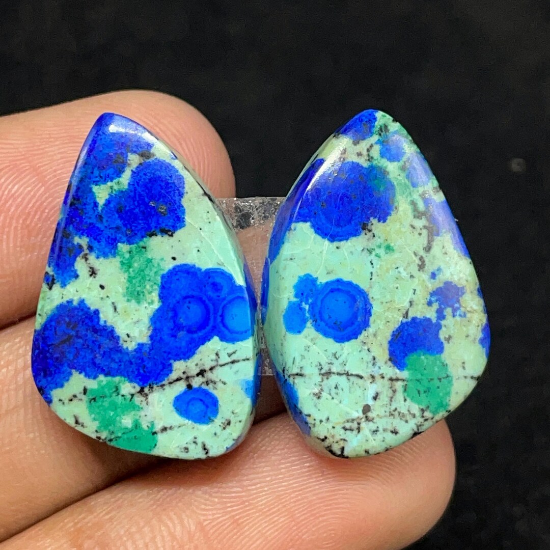 Bluebird Azurite Malachite Gemstone Pair, Freeform Cabochon, 22x15x5mm ...