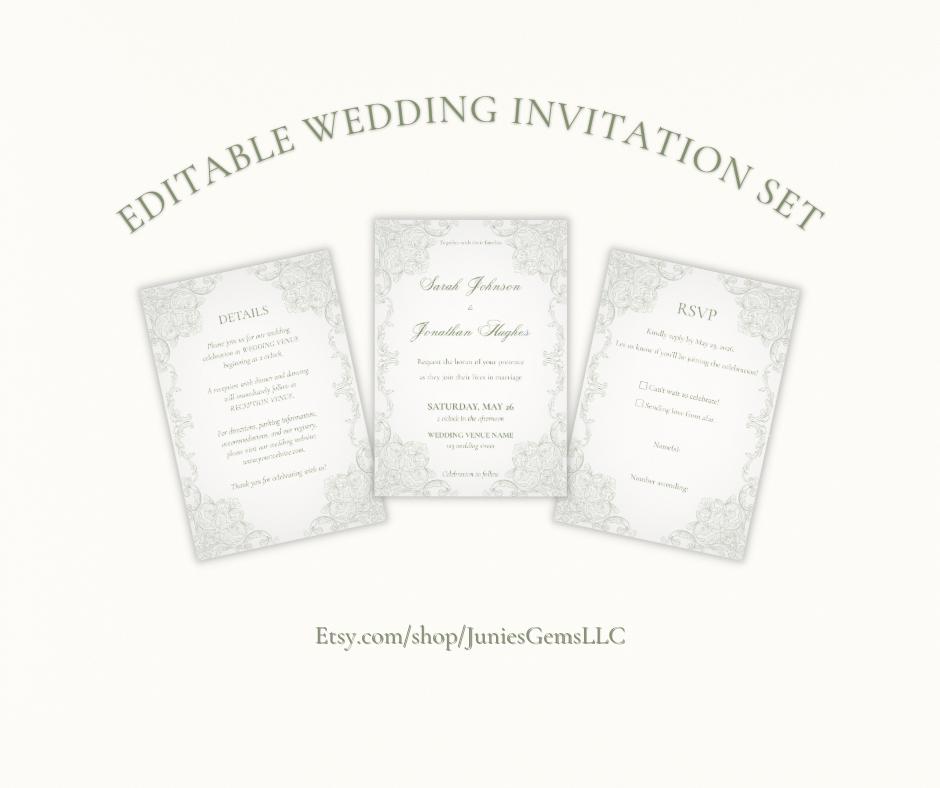 Editable Wedding Invitation Set, Canva Template, Invitation Suite With ...