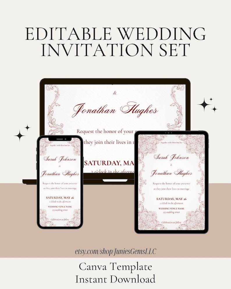 Editable Wedding Invitation Set, Canva Template, Invitation Suite With ...