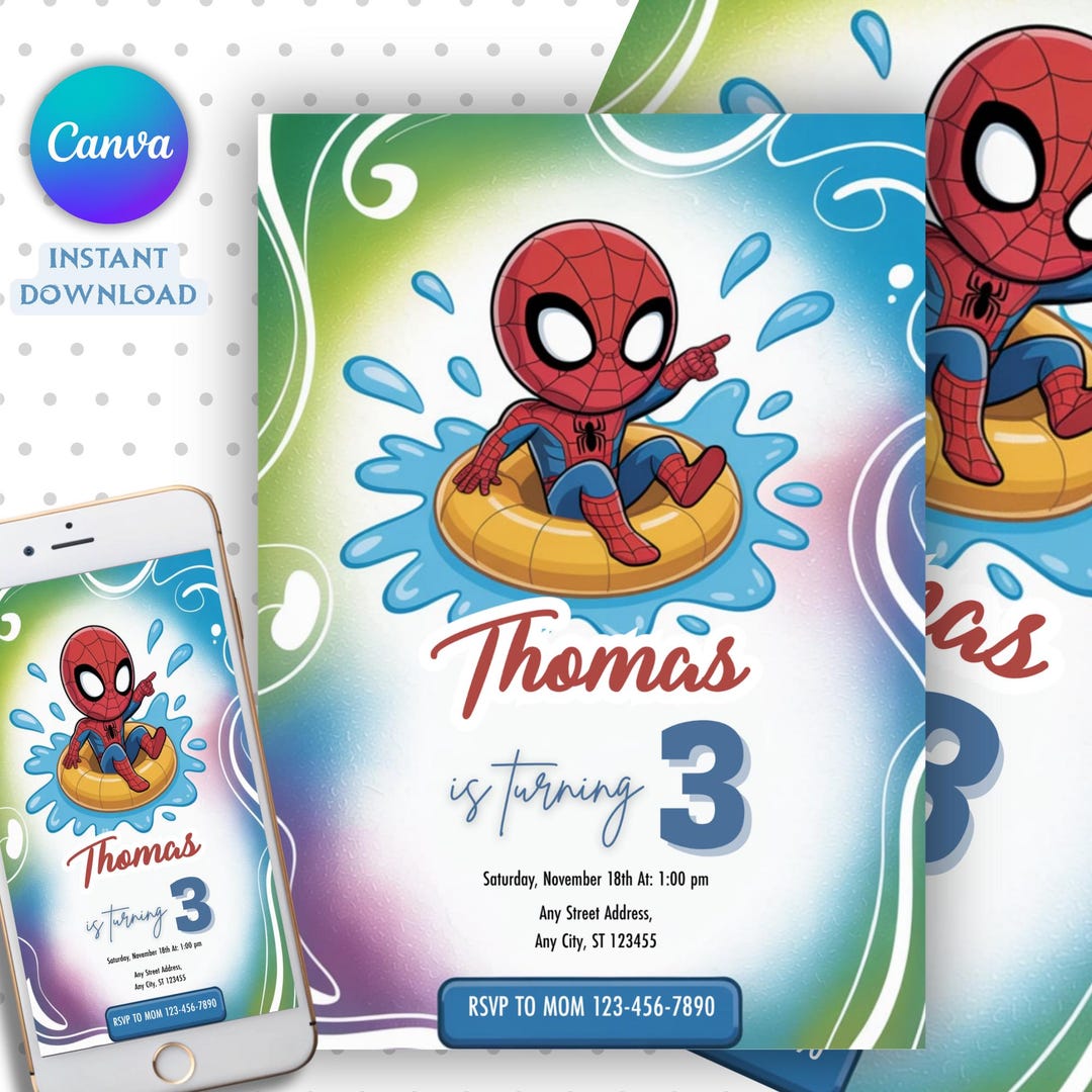 Spider-man Pool Party Invitation: Superhero Birthday Template (digital ...
