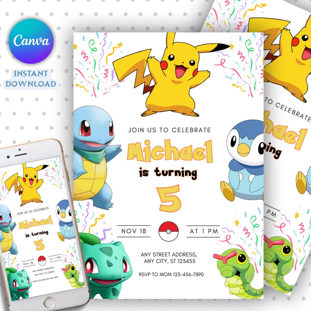 Printable Birthday Pokemon Invitation, Pikachu B-day Invite, Pokemone ...