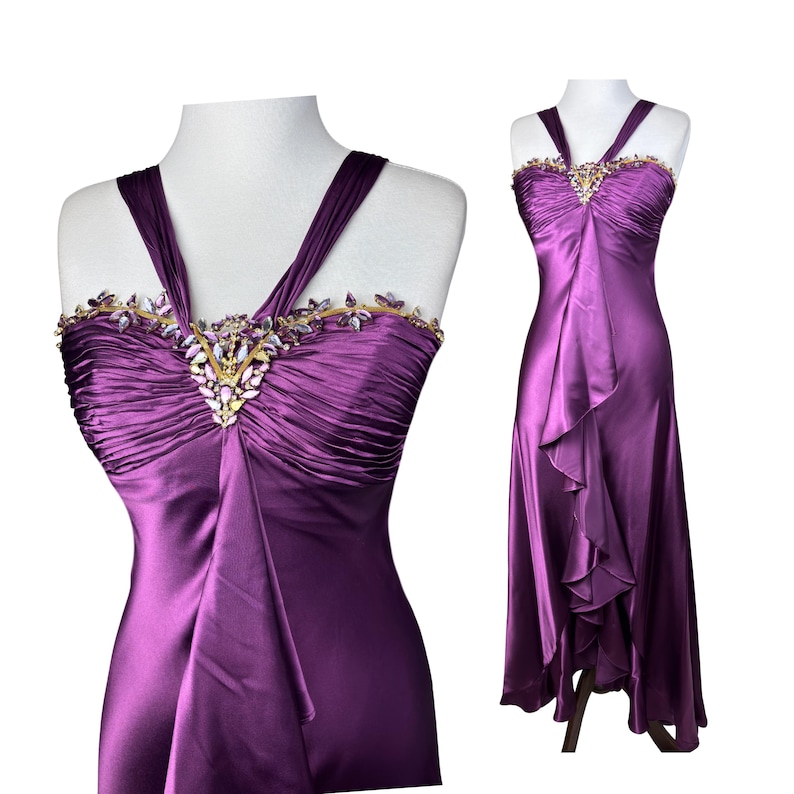 Vintage Purple Satin Gown: Beaded Bodice, Y2K Formal Maxi Dress - Etsy
