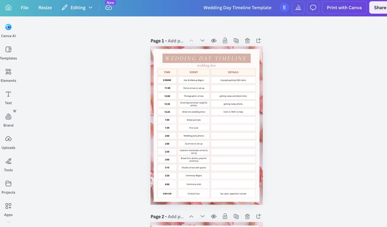 Editable Wedding Day Timeline Template in Canva | Created by an Actual ...