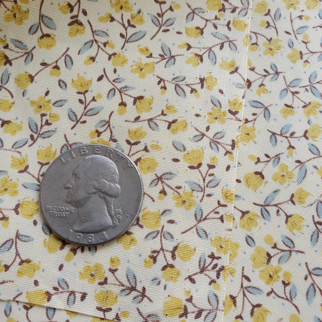 Calico Quilt Fabric Ochre Yellow Flowers Muted Blue Leaves 1/2 Yard ...