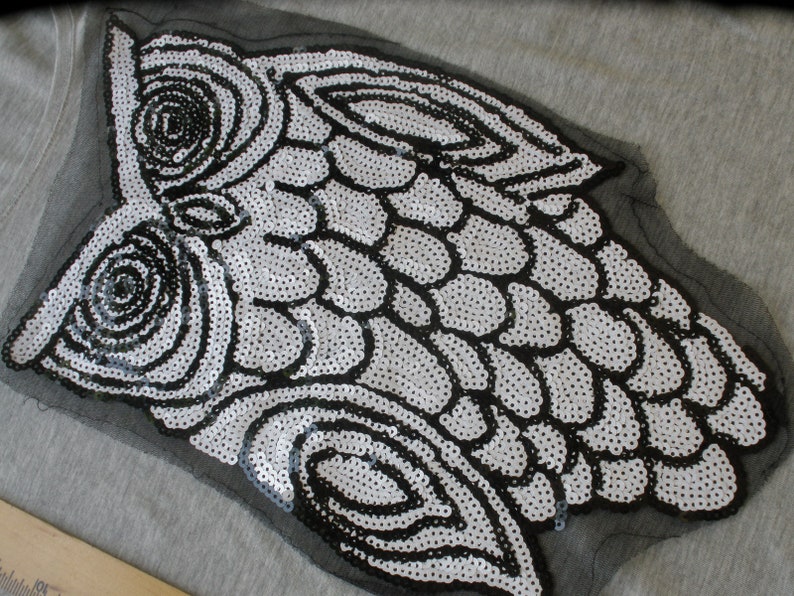 Large Black & White Sequin Owl Applique on black Tulle | Etsy