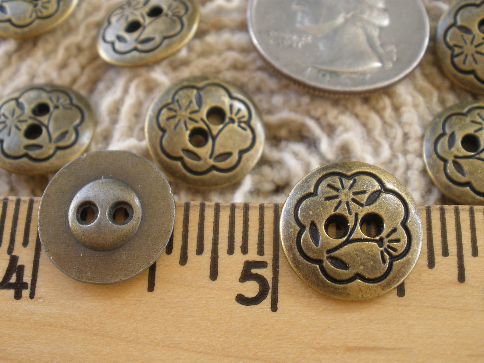 Stamped Flower Scene Buttons Bronze Tone Metal Sew on 15MM 23L Figural ...
