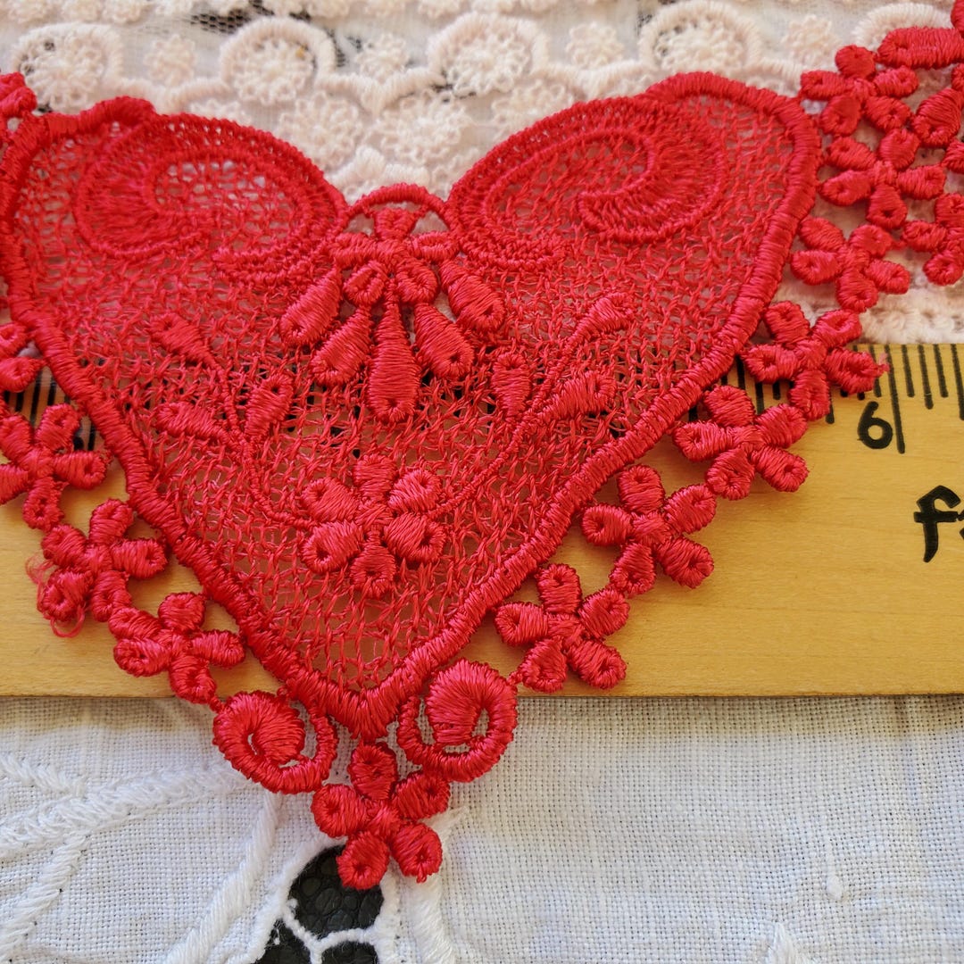 Gorgeous Red Heart Embroidered Venise Lace Neckline Applique ...