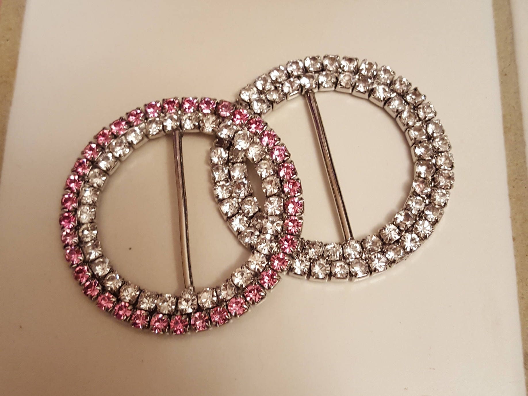 35MM Round Double Rhinestone ribbon slider buckle pink or | Etsy