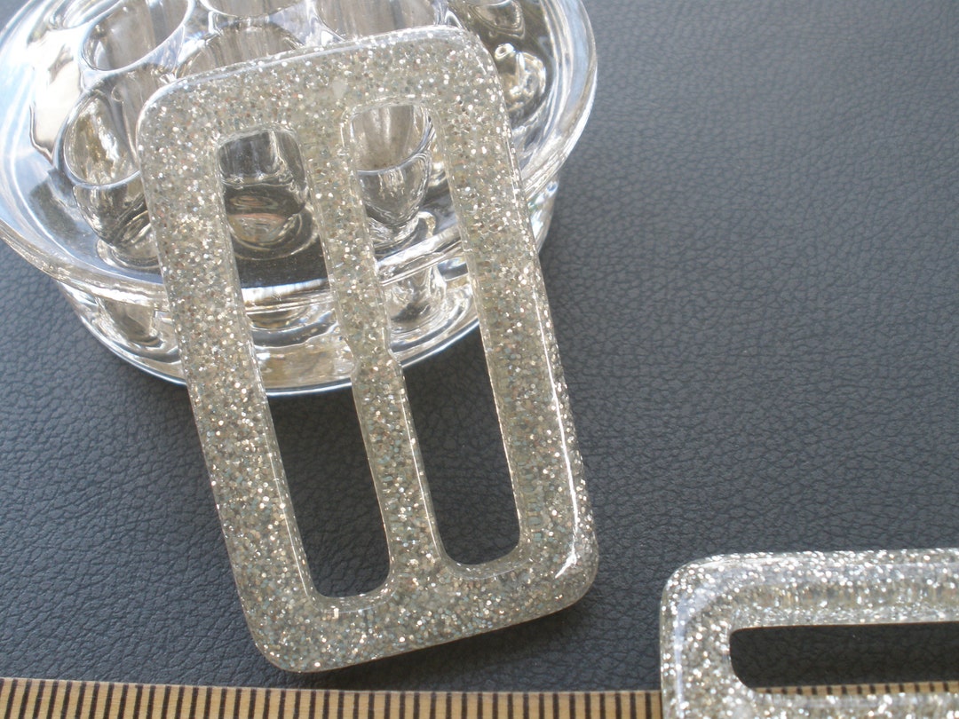 Silver Glitter in Clear Lucite Plastic Buckle 2" Scarf Slider Tri-glide ...