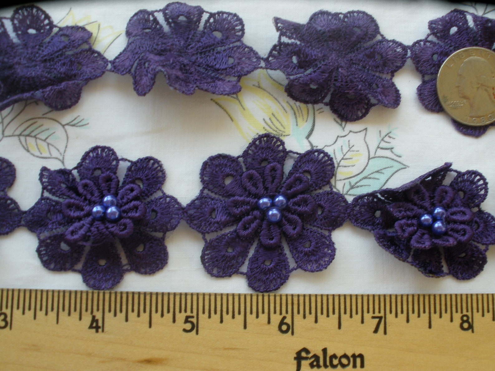 Layered Dark Purple Beaded Flower Daisy Chain Applique Lace Trim 1.75 ...