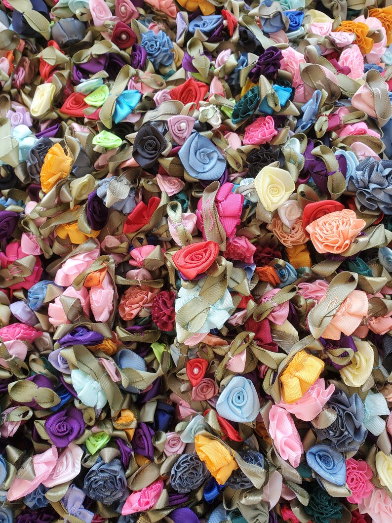 Ribbonwork Flowers Mixed Satin Ribbon Rosettes Hand Sewn - Etsy