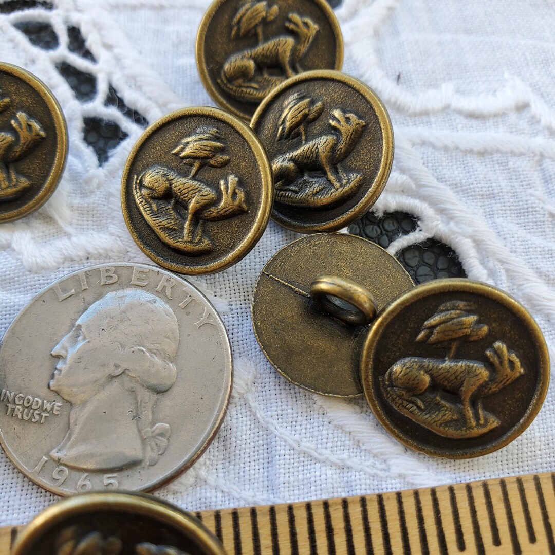 Fox in Forest Antique Brass Tone Metal Shank Buttons Size 28L (11/16 ...