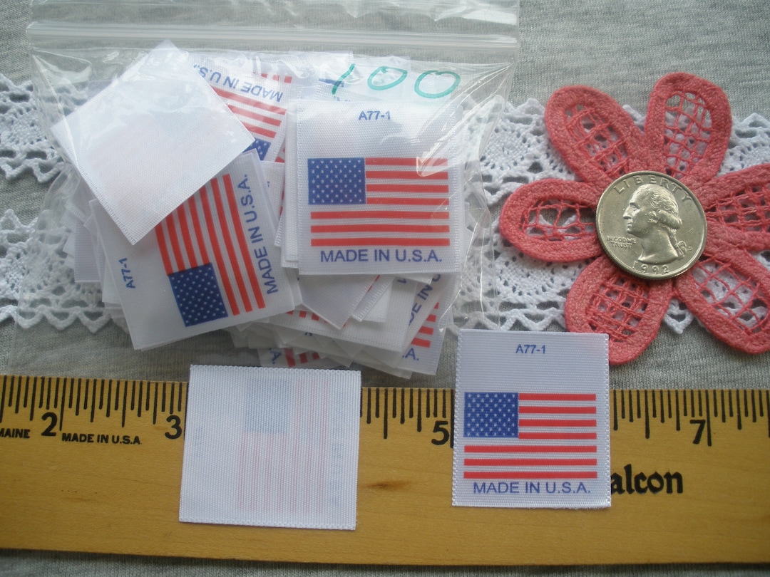 100 MADE IN U.S.A. Tags American Flag Labels Printed on Satin Ribbon ...