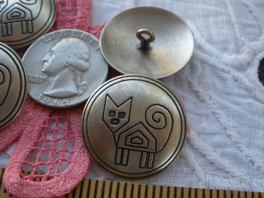 Abstract Retro Line Drawn Cat Buttons Metal Shank 25MM 1 Inch Antique ...
