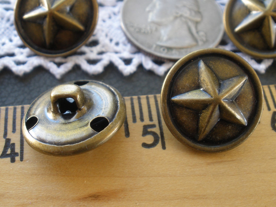 Antique Brass Bronze Star Shank Buttons Hollow Metal 12 Size 30L (3/4 ...
