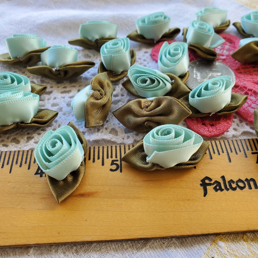 Light Green Satin Ribbon Barrel Roses Hand Sewn Appliques 36 Ribbonwork ...