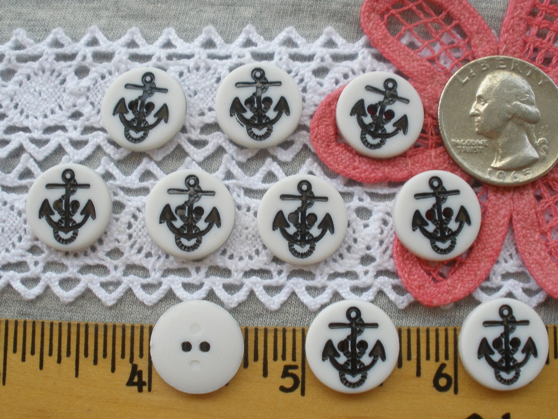 Cool Anchor & Rope Shirt Buttons Black on White 15mm 23L 2-hole Sew on ...