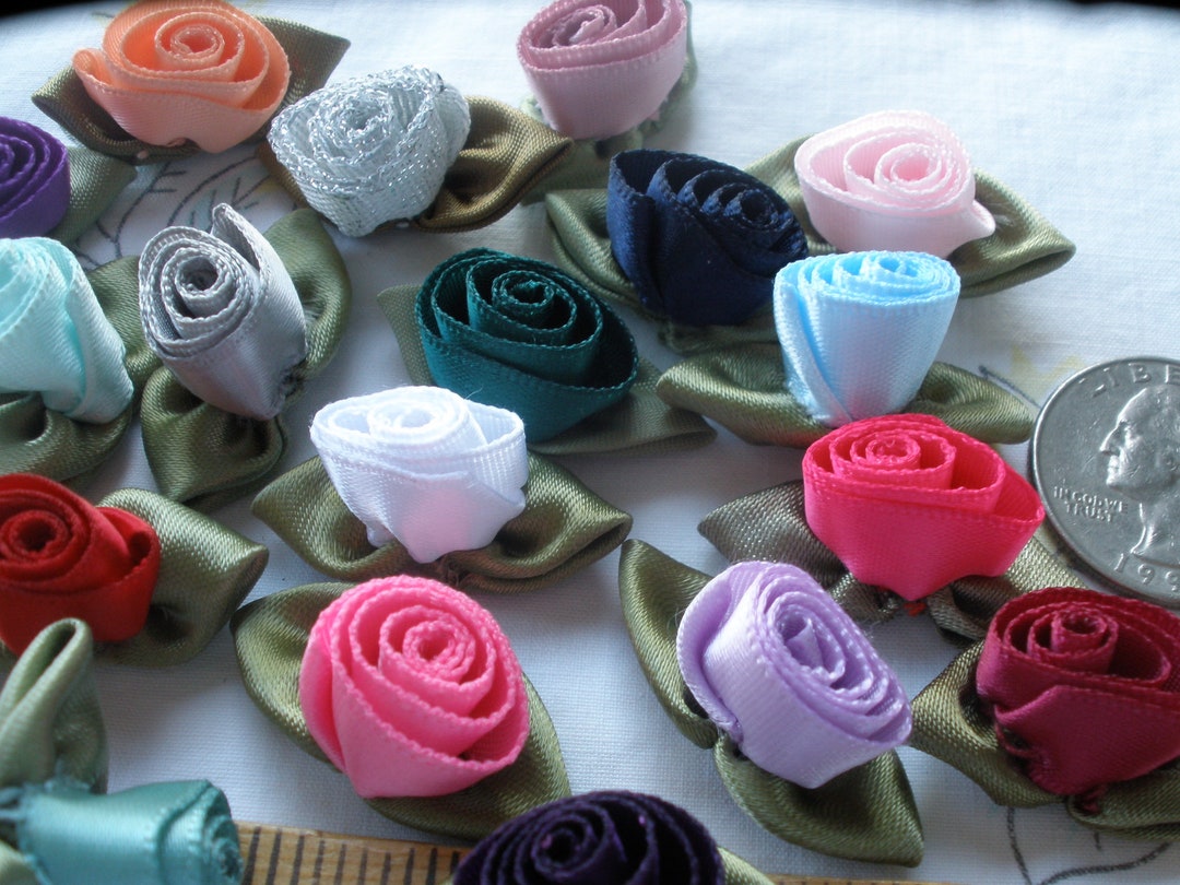 Satin Ribbon Roses Hand Sewn Appliques 20 Pieces Each a Different Color ...