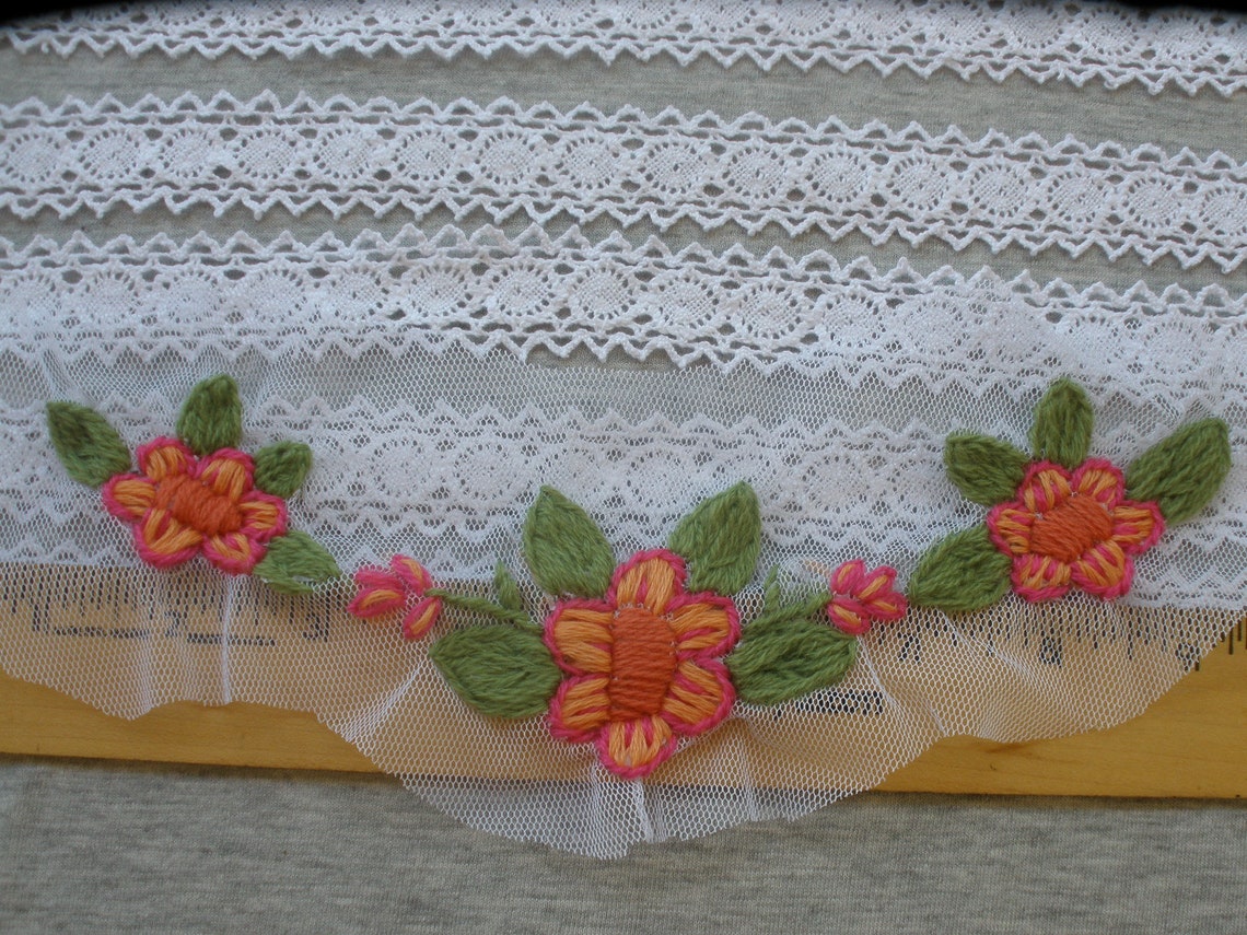 Embroidered Multi-color Yarn Flowers Applique on Net 8.5 | Etsy
