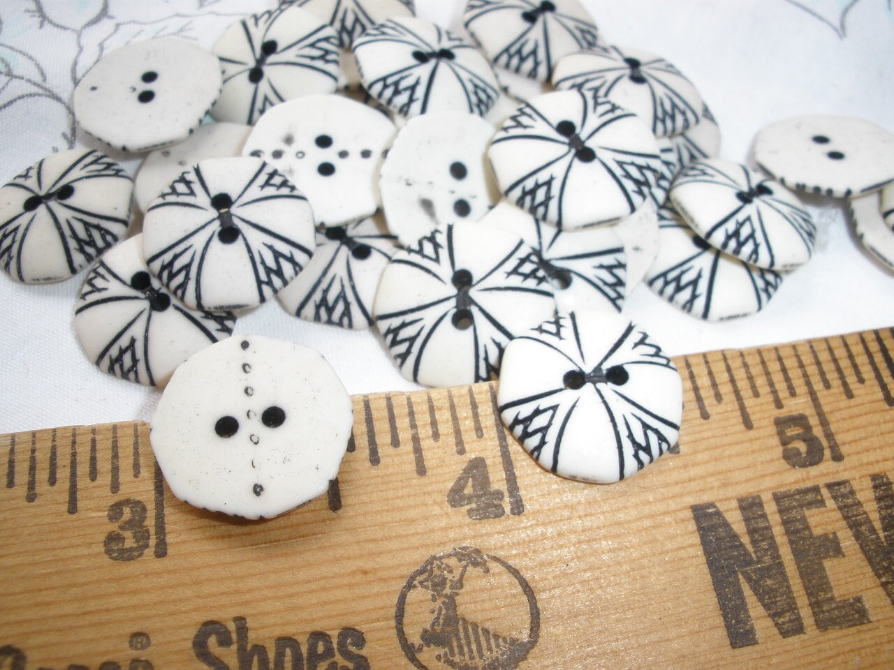 Faux Bone Ivory Octagon Buttons Black Etched Pattern 9/16" 22L 14MM 2 ...